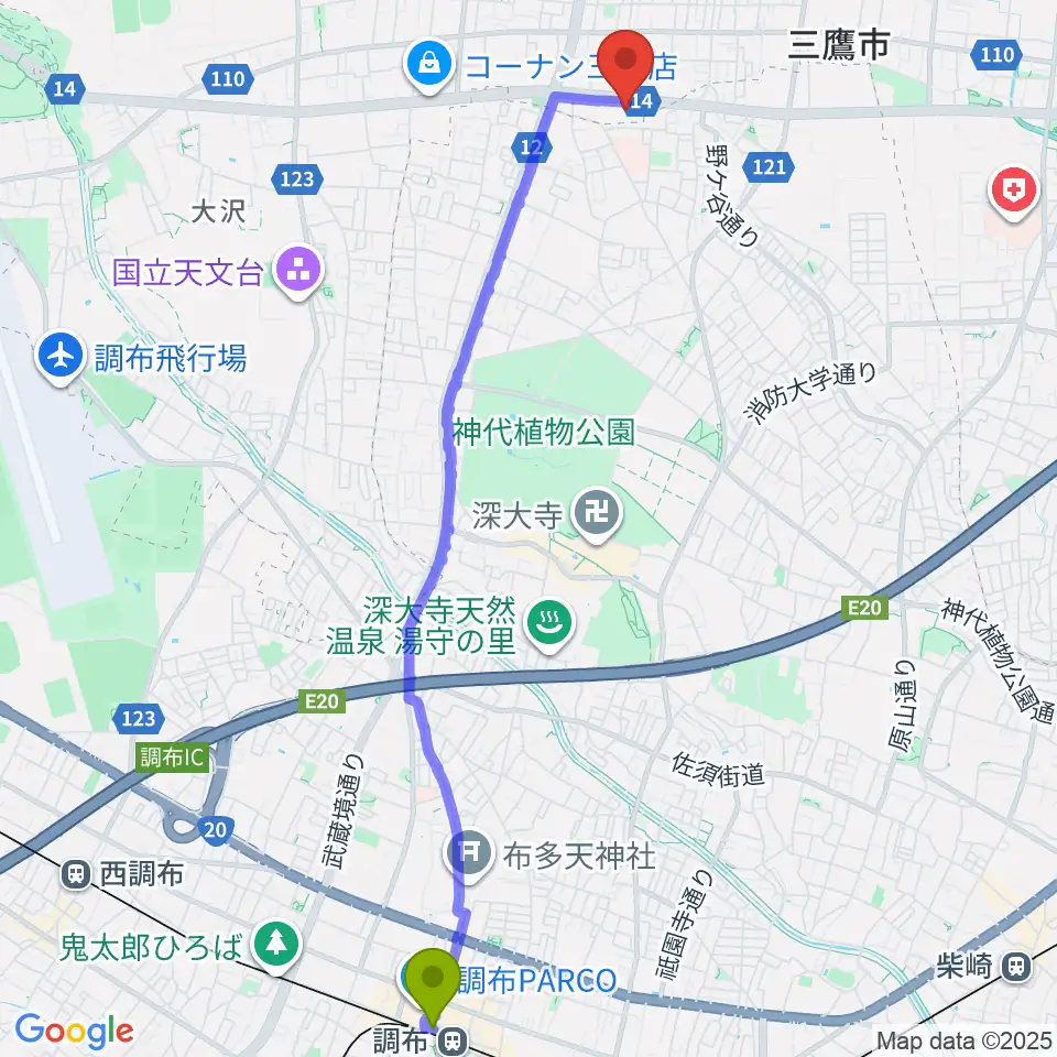 調布駅からパルナスタジオ（Parna Studio）へのルートマップ - MDATA