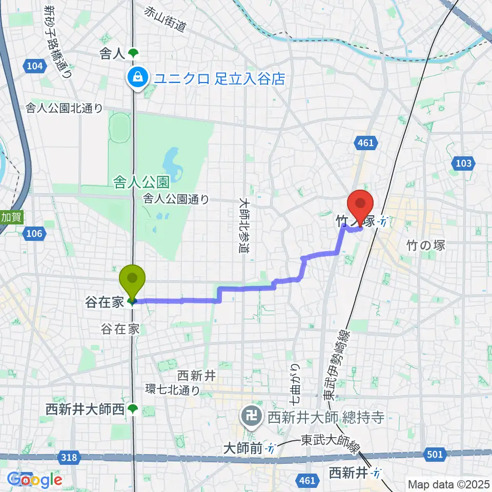 谷在家駅から竹ノ塚STUDIO ICCへのルートマップ - MDATA