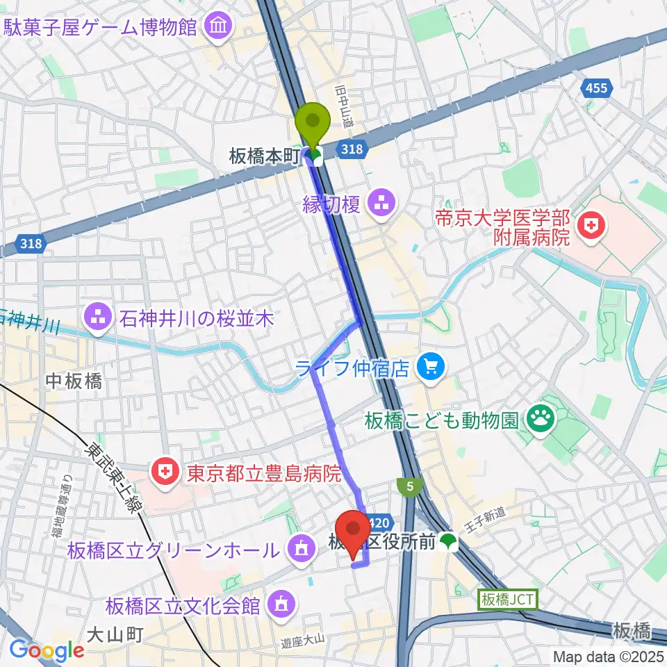 板橋本町駅からSTUDIO ALESへのルートマップ - MDATA