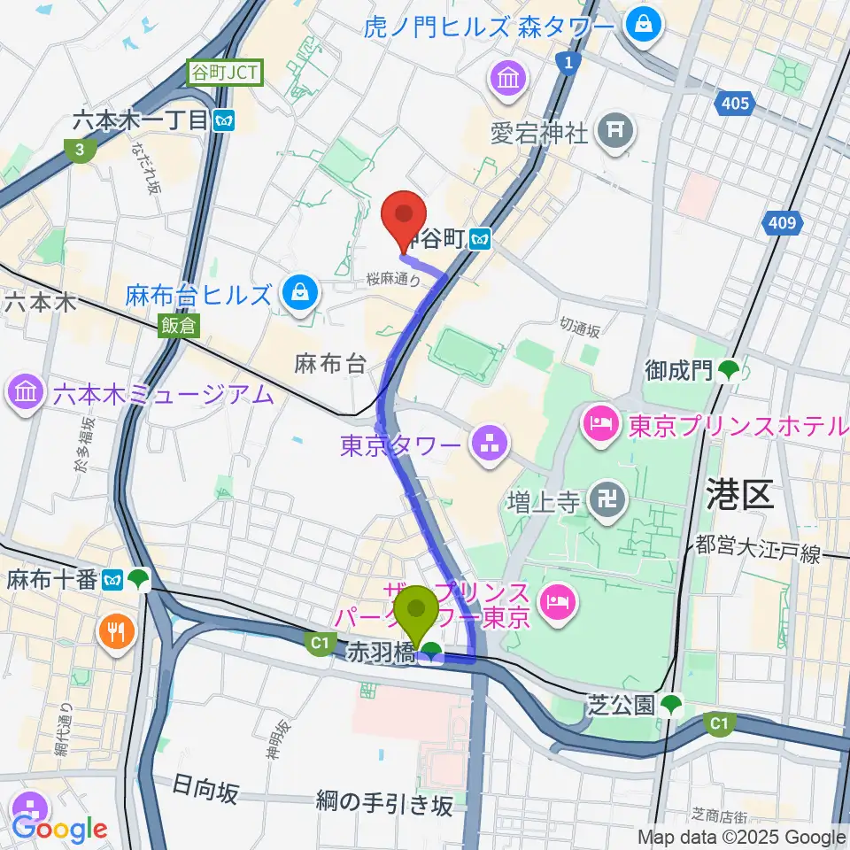 赤羽橋駅からgrid studioへのルートマップ - MDATA