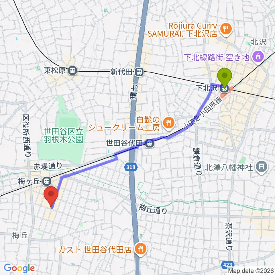 下北沢駅からhmc studioへのルートマップ - MDATA