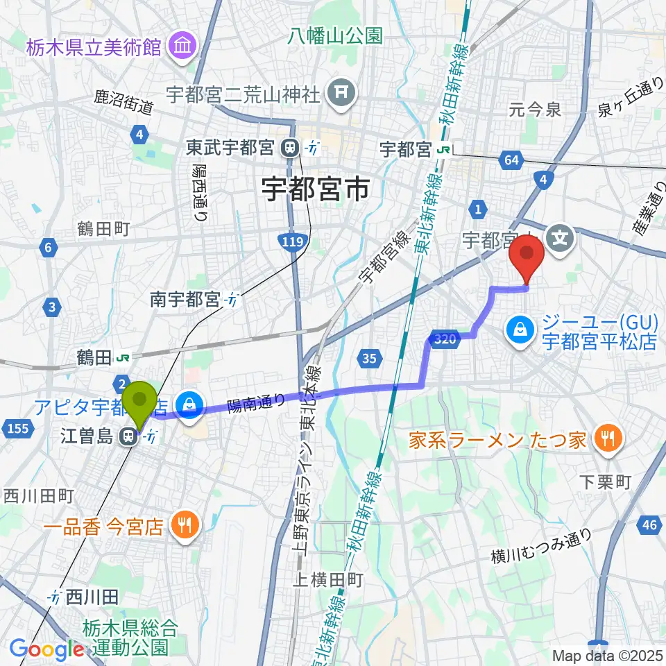 江曽島駅から宇都宮JIVE Studioへのルートマップ - MDATA