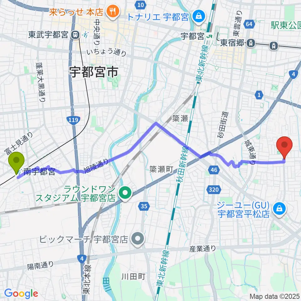 南宇都宮駅から宇都宮JIVE Studioへのルートマップ - MDATA