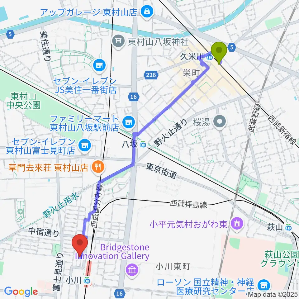 久米川駅から小川 STUDIO Mへのルートマップ - MDATA