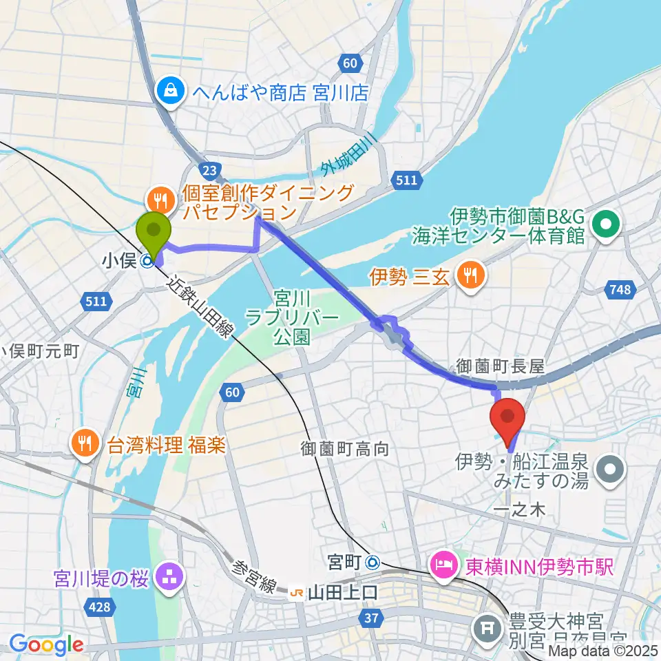 小俣駅から伊勢STUDIO Etudeへのルートマップ - MDATA