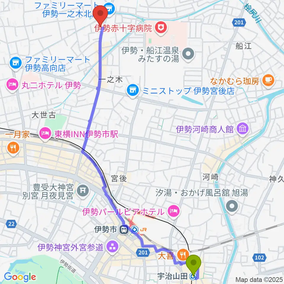 宇治山田駅から伊勢STUDIO Etudeへのルートマップ - MDATA