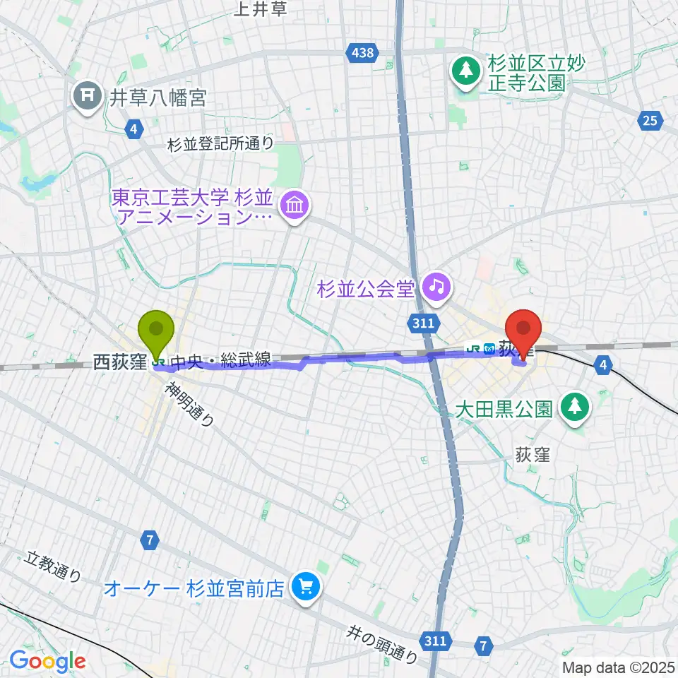 西荻窪駅からStudio Revivalへのルートマップ - MDATA