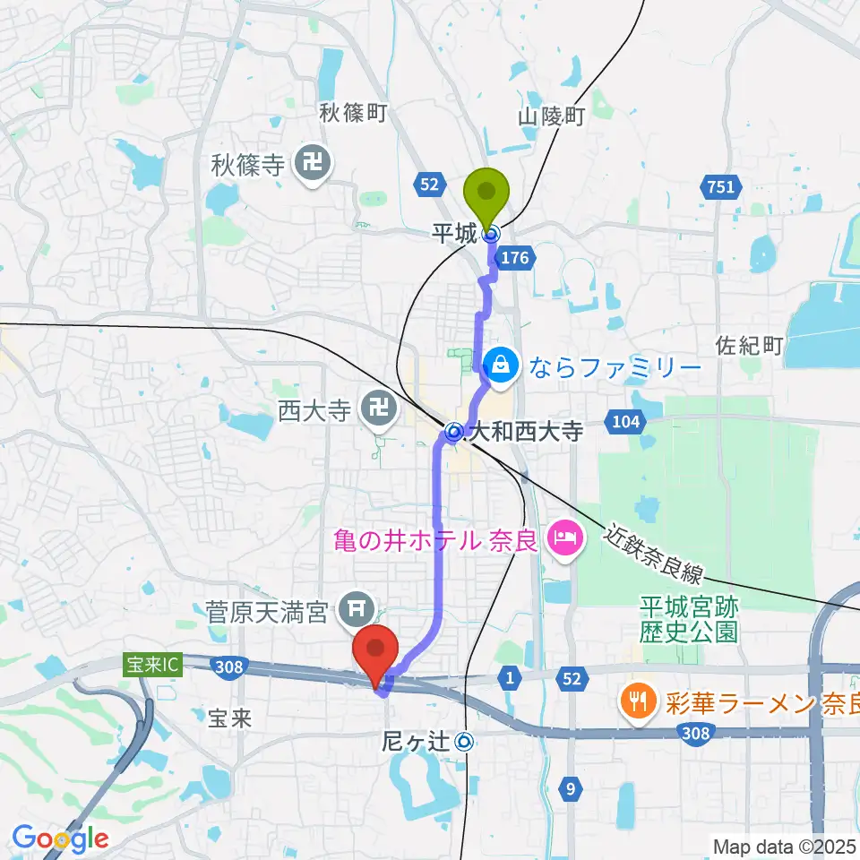 平城駅からStudio Solaへのルートマップ - MDATA