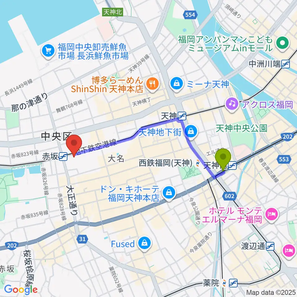 天神南駅からENOTN Akasaka Studioへのルートマップ - MDATA