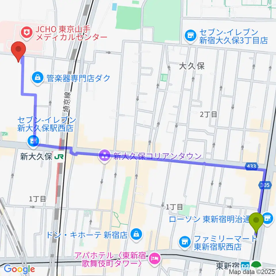 東新宿駅からSTUDIO VIRTUOSIへのルートマップ - MDATA