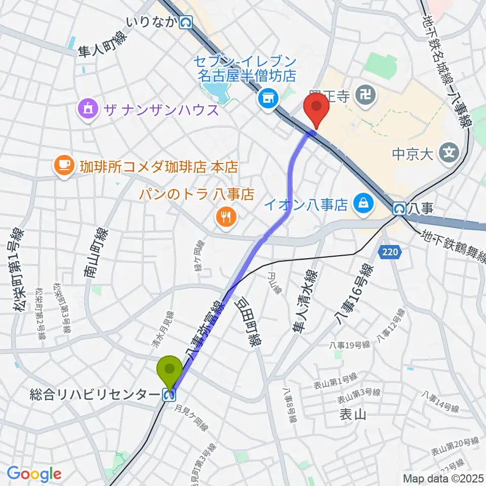 総合リハビリセンター駅からKORG STUDIO EXTREMEへのルートマップ - MDATA