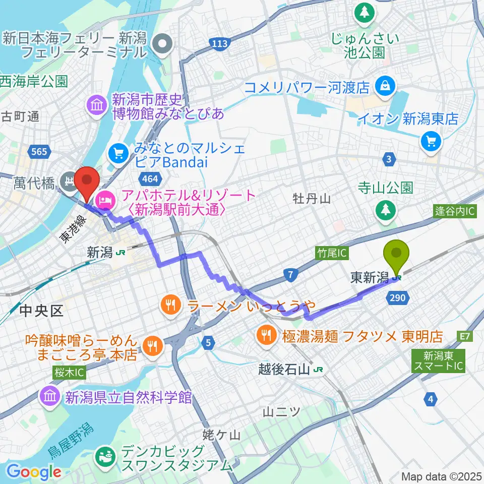 東新潟駅から新潟日報メディアシップ 日報ホールへのルートマップ - MDATA