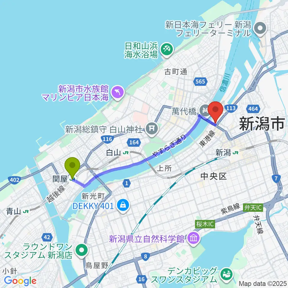 関屋駅から新潟日報メディアシップ 日報ホールへのルートマップ - MDATA
