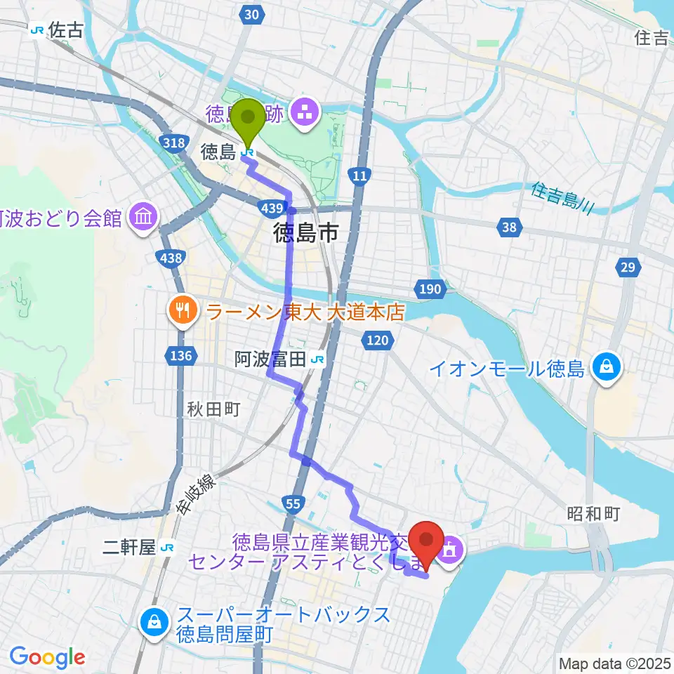 徳島駅からエフエムびざん B-FM791へのルートマップ - MDATA