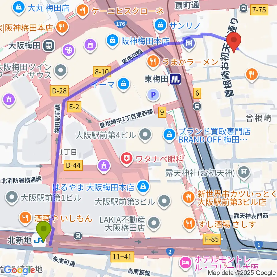 北新地駅から梅田アムホールへのルートマップ - MDATA