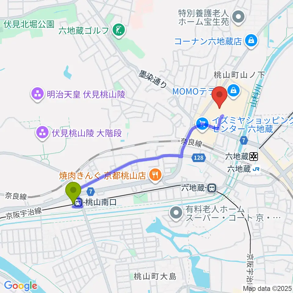 桃山南口駅からJEUGIAカルチャーセンター MOMOテラスへのルートマップ - MDATA