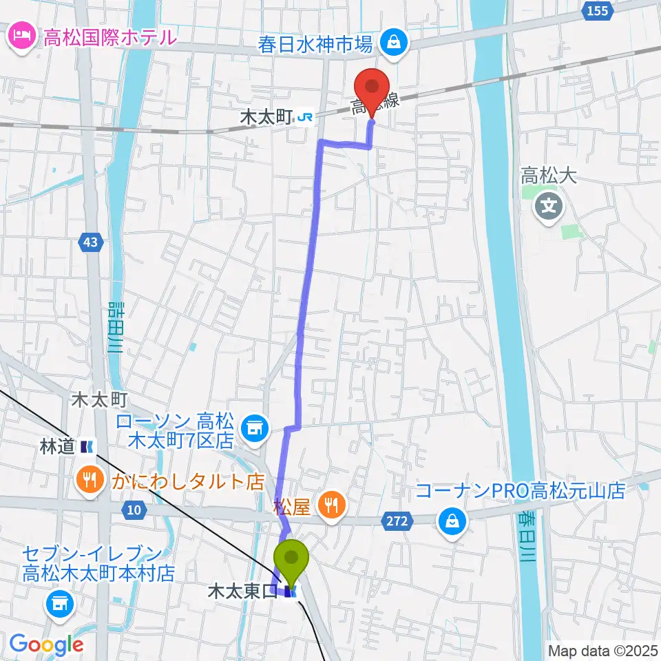 木太東口駅からMK MUSIC STUDIOへのルートマップ - MDATA