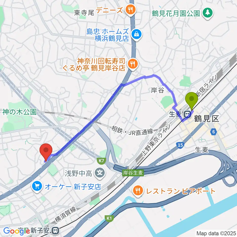 生麦駅から日本ピアノギャラリー横浜店 D-Studioへのルートマップ - MDATA