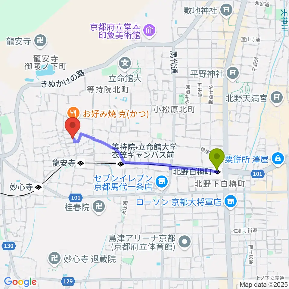 北野白梅町駅から楽奏 gasso music studioへのルートマップ - MDATA