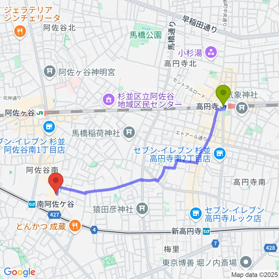 高円寺駅から南阿佐ヶ谷ON THE ROOF plusへのルートマップ - MDATA