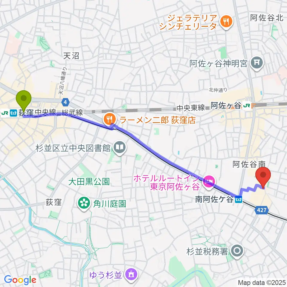 荻窪駅から南阿佐ヶ谷ON THE ROOF plusへのルートマップ - MDATA