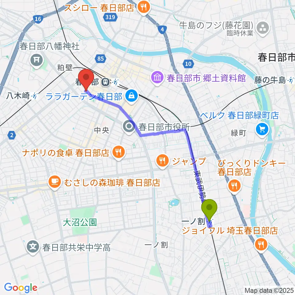 一ノ割駅からShow-hey Music Studioへのルートマップ - MDATA