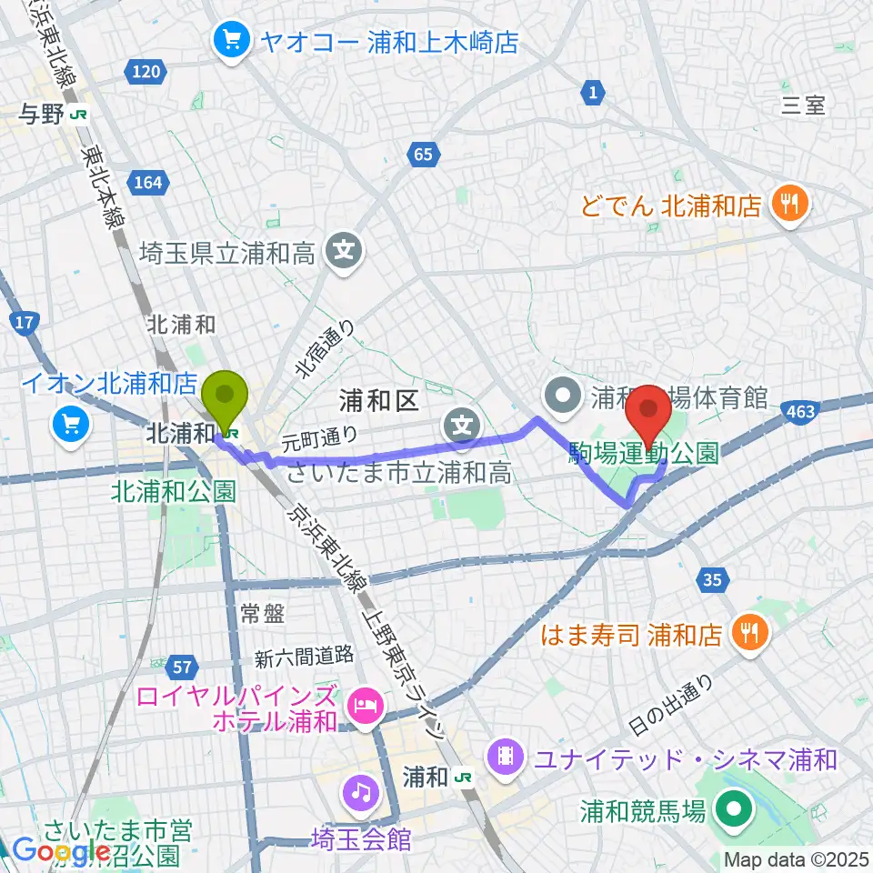 北浦和駅から浦和駒場スタジアムへのルートマップ Mdata 