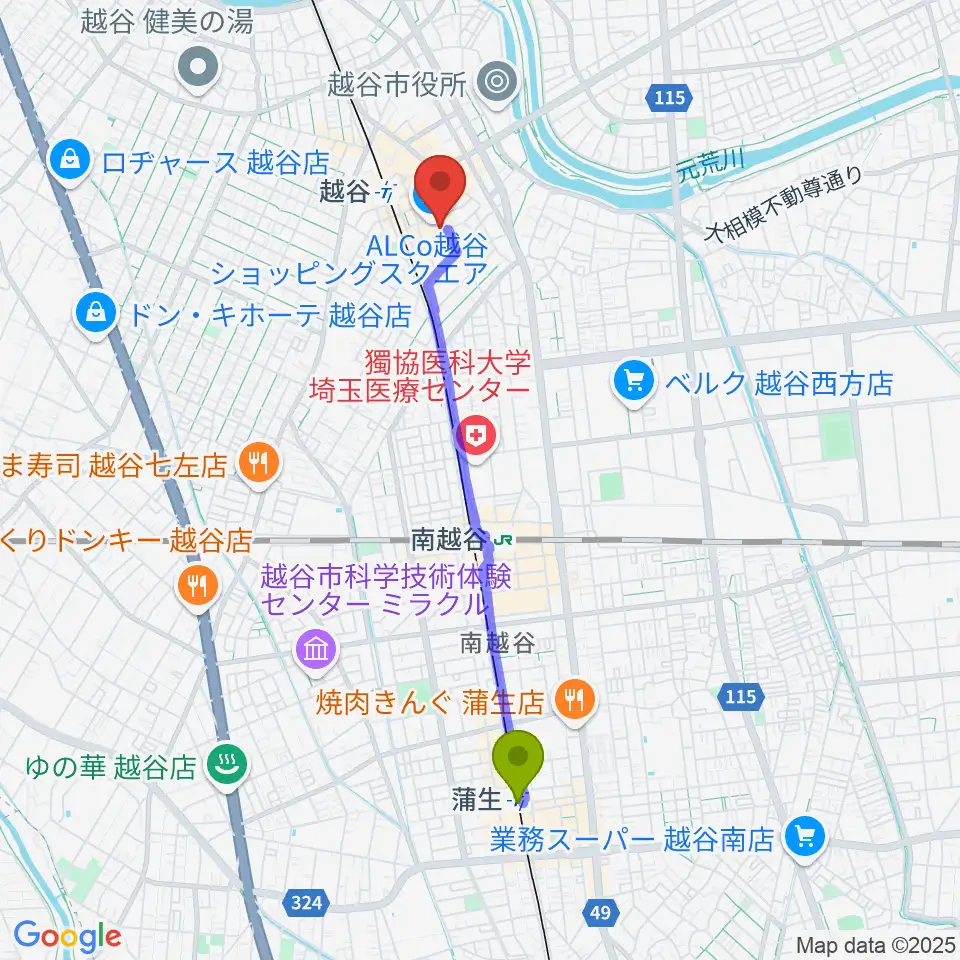 蒲生駅からLoCo Music Studioへのルートマップ - MDATA