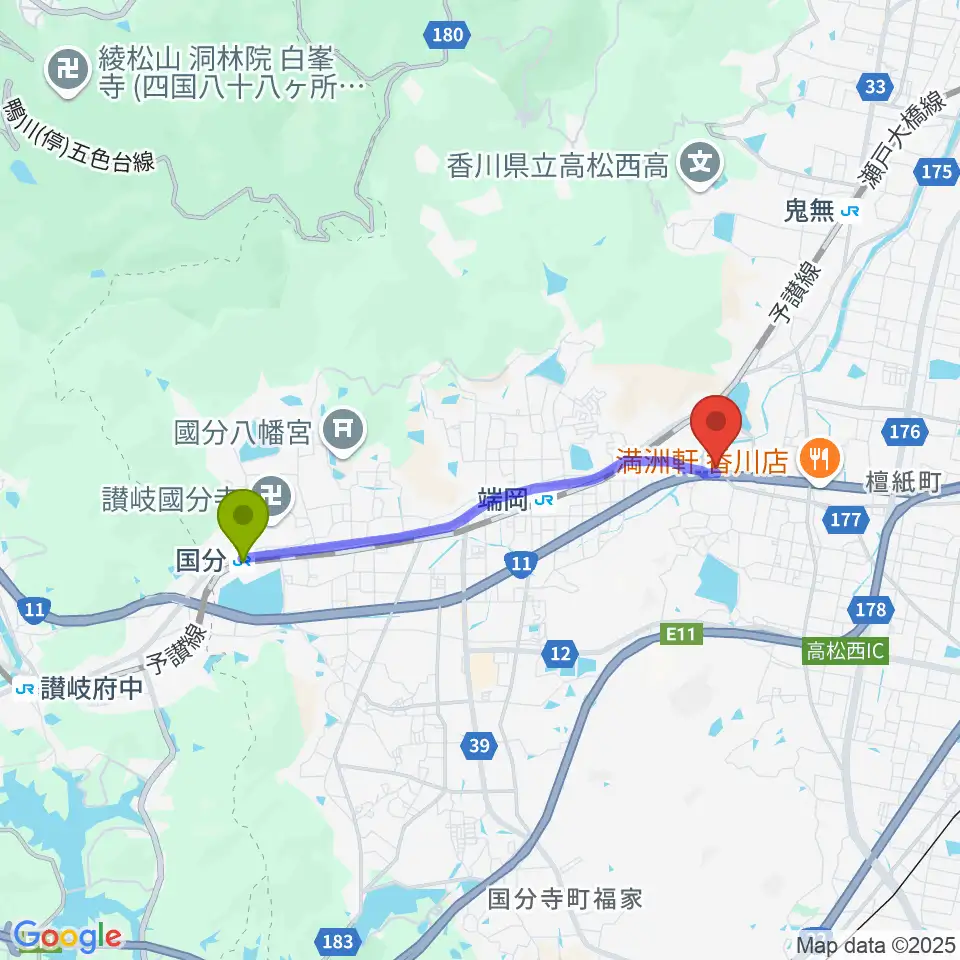 国分駅から高松 ELEVEN STUDIOへのルートマップ - MDATA