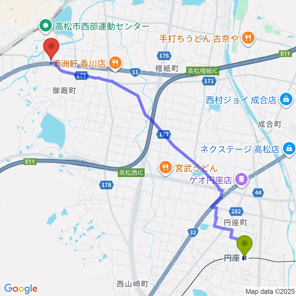 円座駅から高松 ELEVEN STUDIOへのルートマップ - MDATA