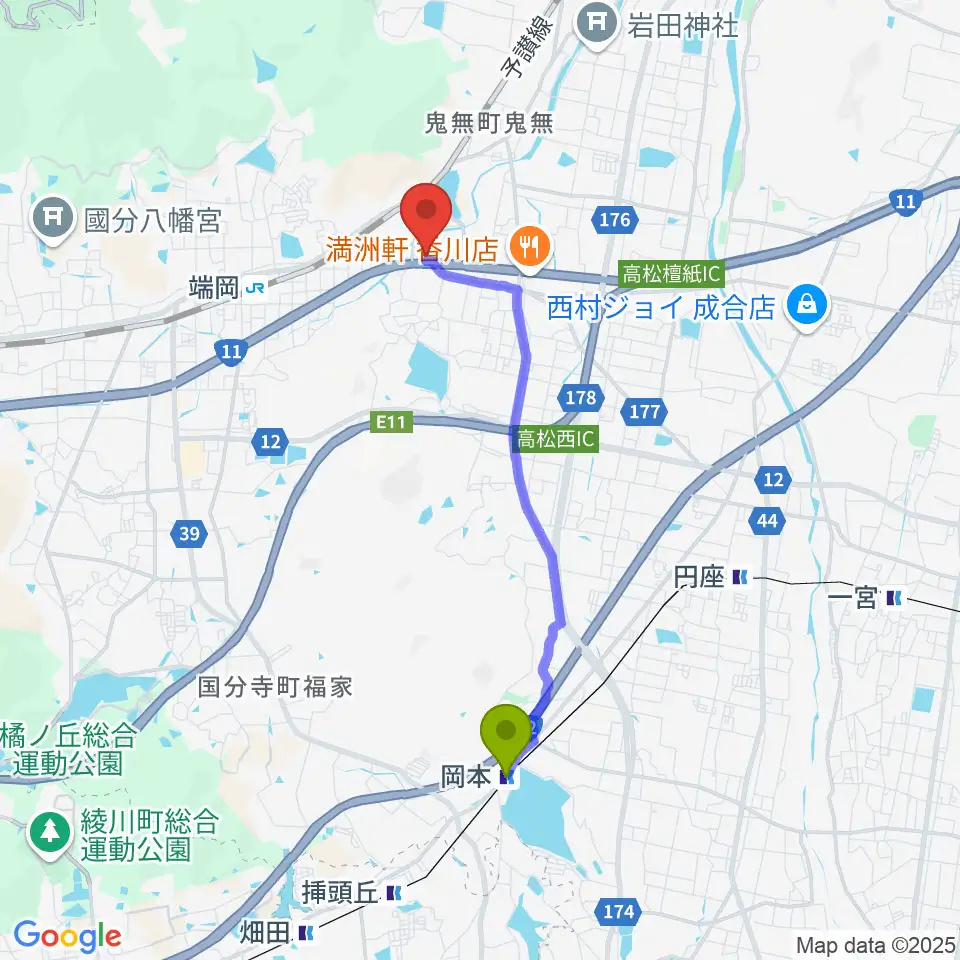 岡本駅から高松 ELEVEN STUDIOへのルートマップ - MDATA