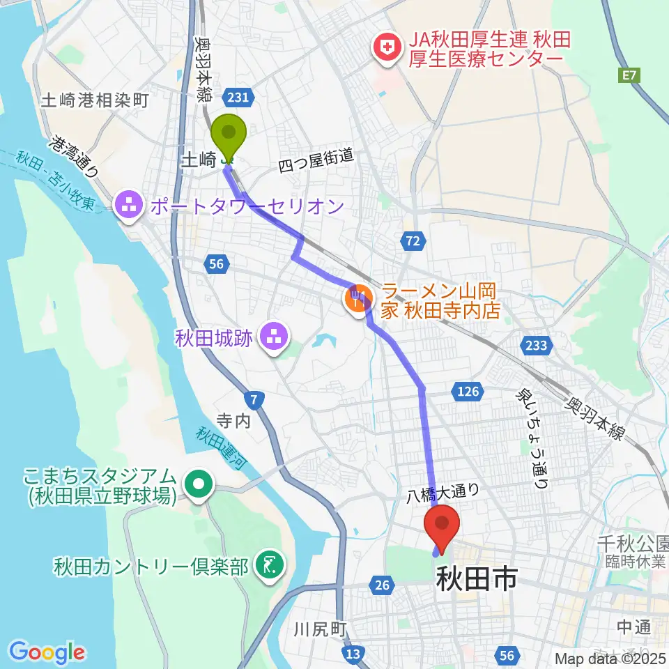 土崎駅から秋田スポーツPLUS・ASPスタジアムへのルートマップ - MDATA