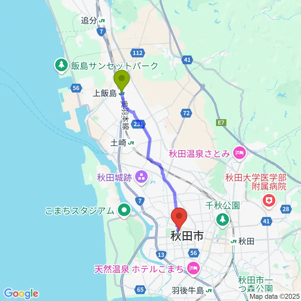 上飯島駅から秋田スポーツPLUS・ASPスタジアムへのルートマップ - MDATA