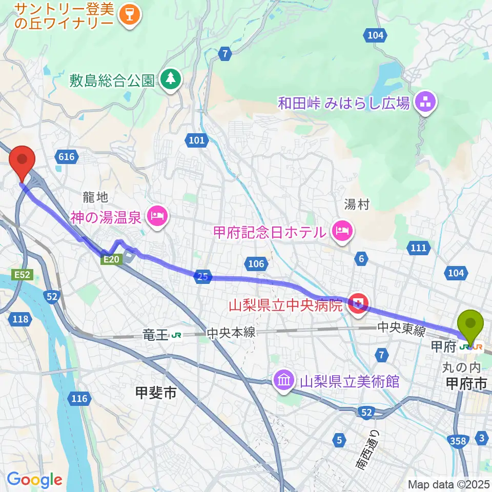 甲府駅からiB MUSIC STUDIOへのルートマップ - MDATA