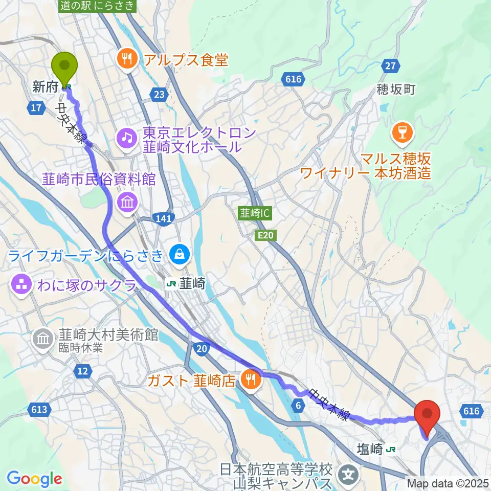 新府駅からiB MUSIC STUDIOへのルートマップ - MDATA