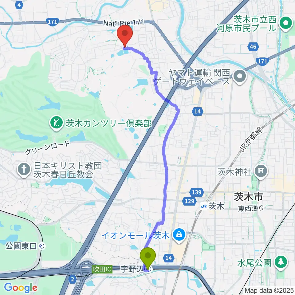 宇野辺駅からSTUDIO QUAMへのルートマップ - MDATA