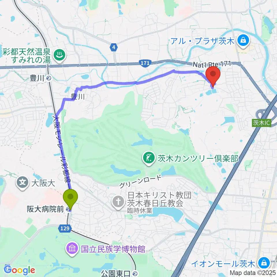 阪大病院前駅からSTUDIO QUAMへのルートマップ - MDATA