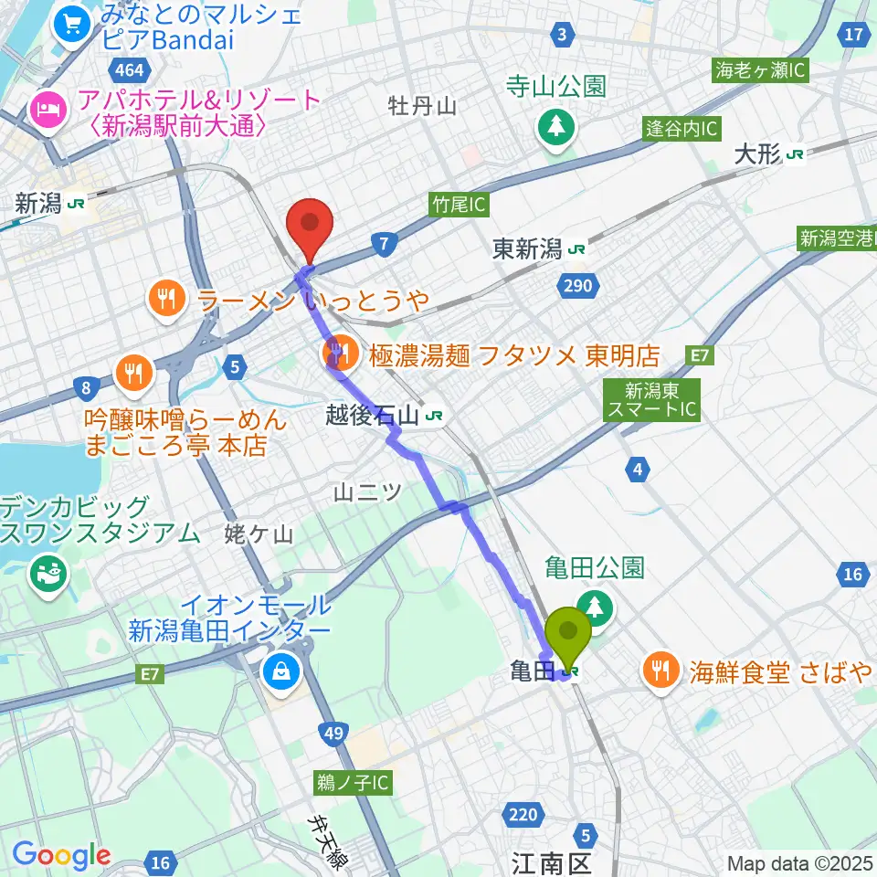 亀田駅からSTB Studioへのルートマップ - MDATA