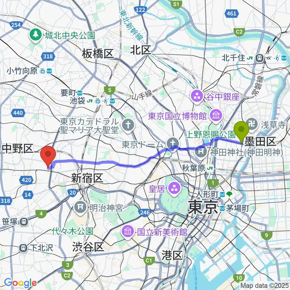 田原町駅からGold Rush Studioへのルートマップ - MDATA