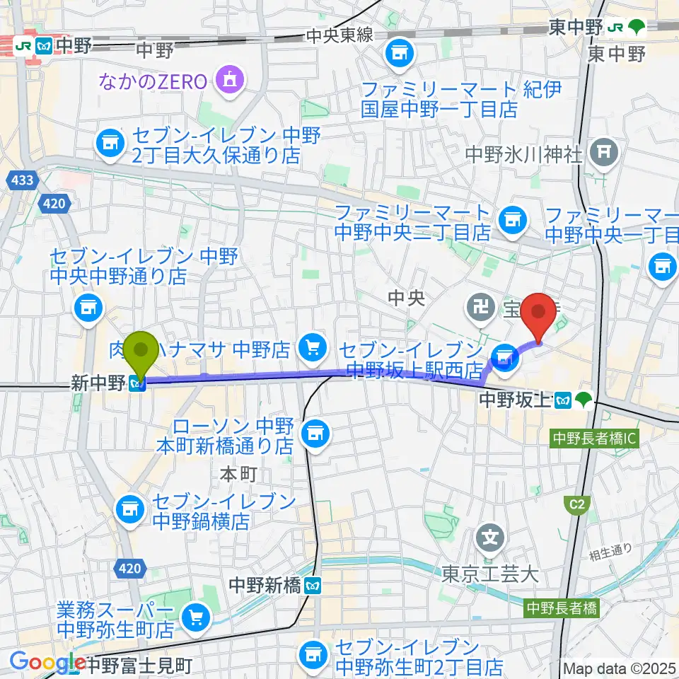 新中野駅からGold Rush Studioへのルートマップ - MDATA