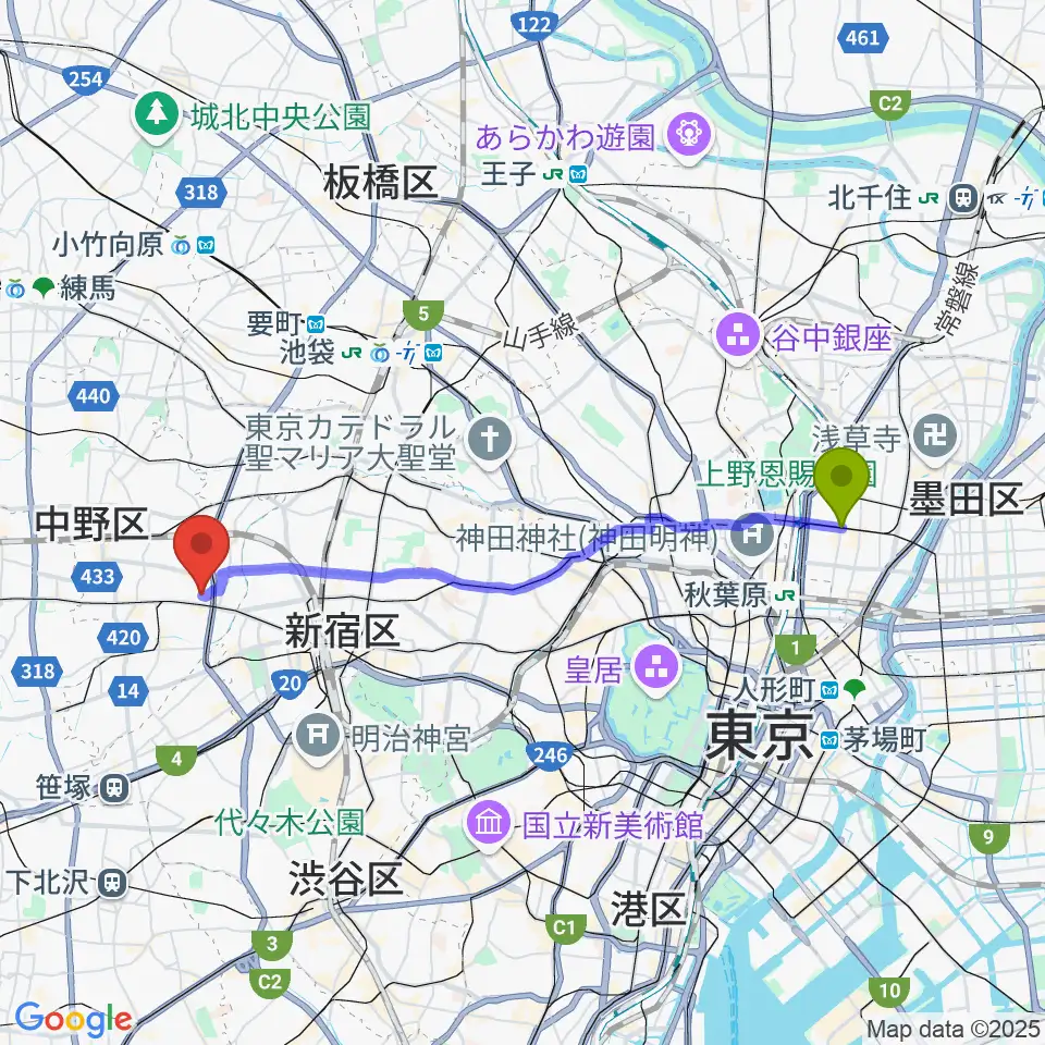 新御徒町駅からGold Rush Studioへのルートマップ - MDATA