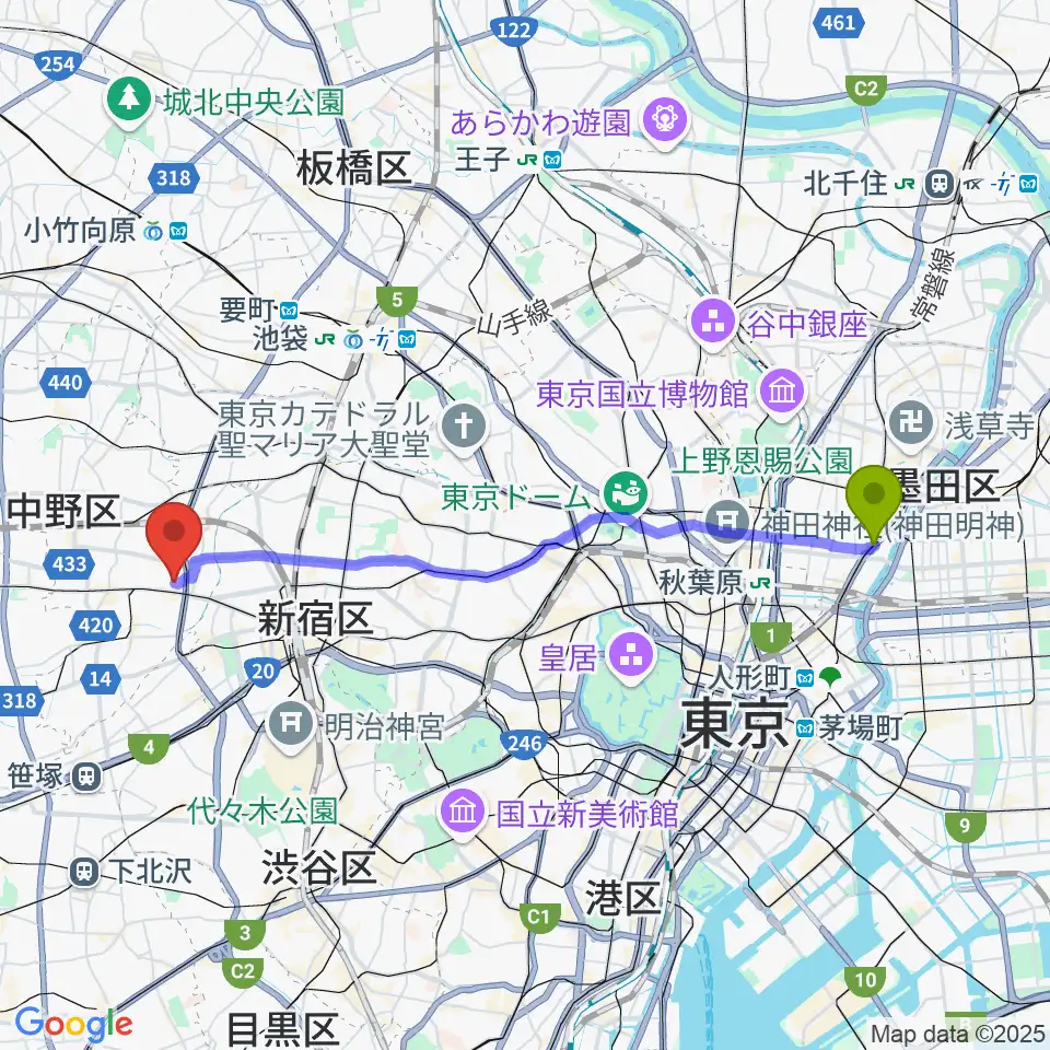 蔵前駅からGold Rush Studioへのルートマップ - MDATA