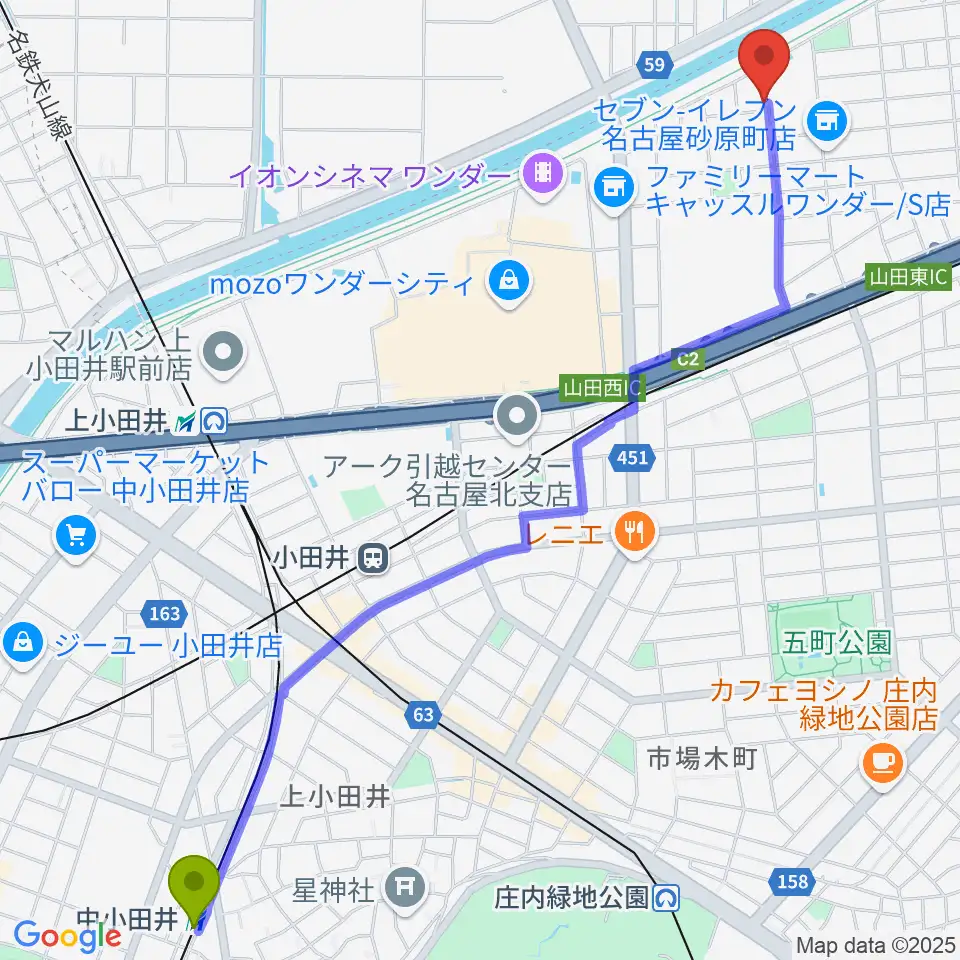 中小田井駅からOVERLOAD STUDIOへのルートマップ - MDATA