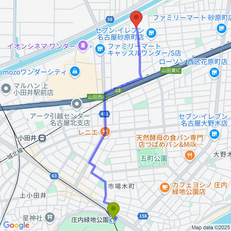 庄内緑地公園駅からOVERLOAD STUDIOへのルートマップ - MDATA