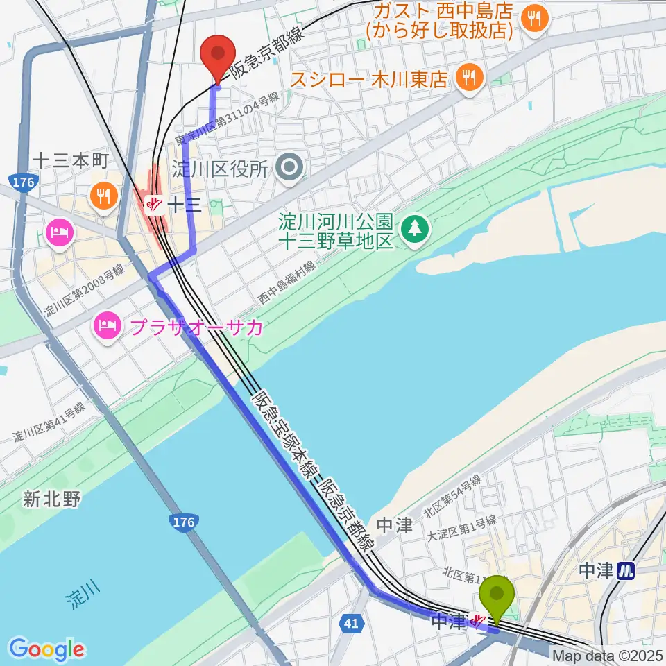 中津駅からLan Music Studioへのルートマップ - MDATA