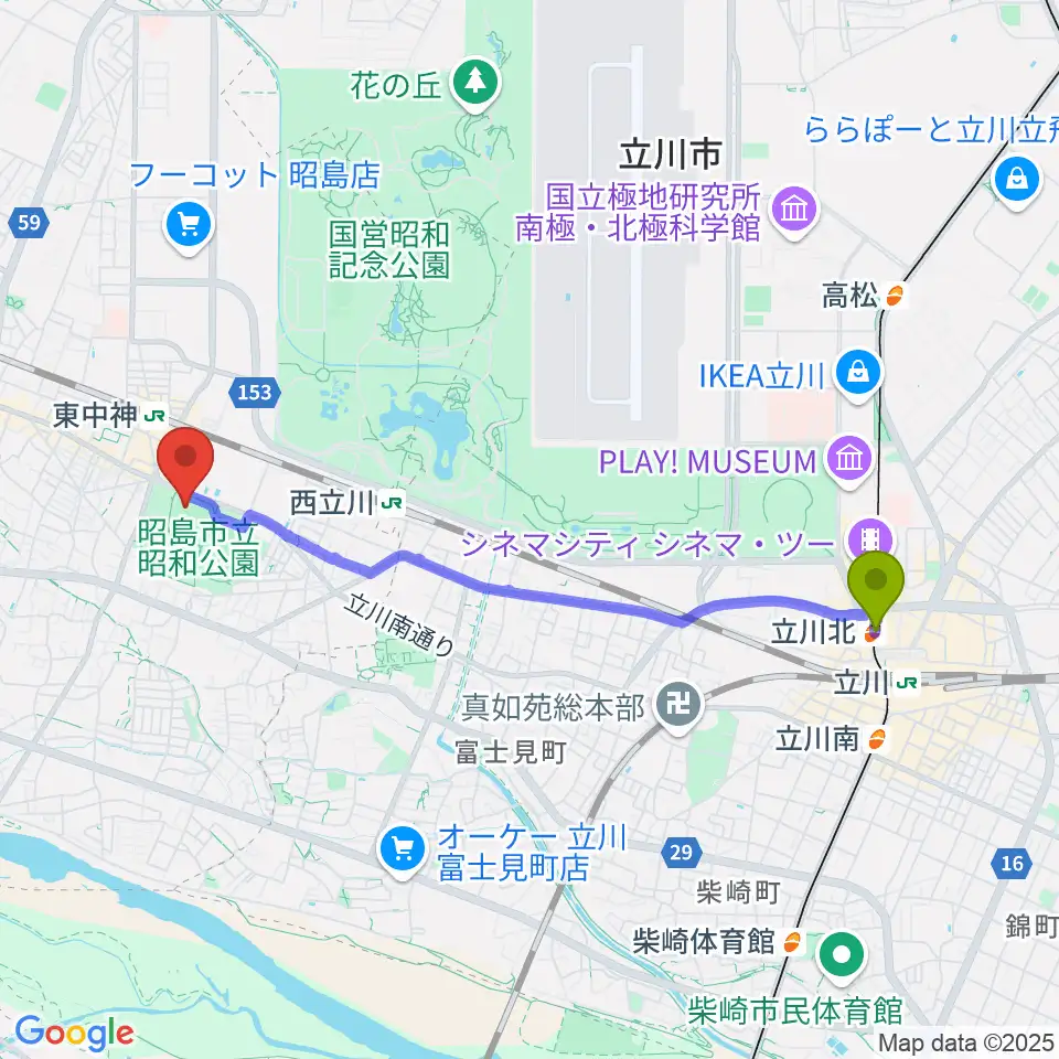 立川北駅からS&D昭島スタジアムへのルートマップ - MDATA