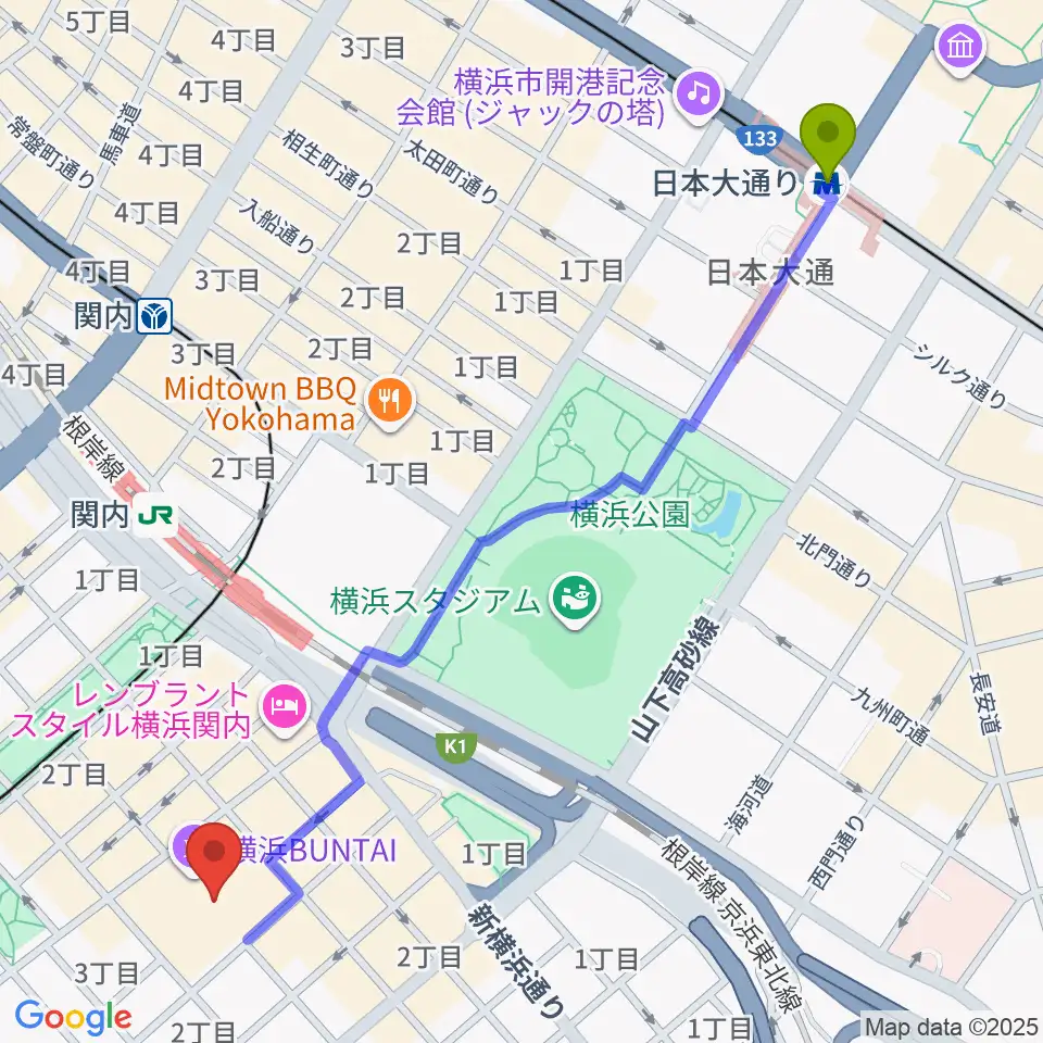 日本大通り駅から横浜BUNTAIへのルートマップ - MDATA