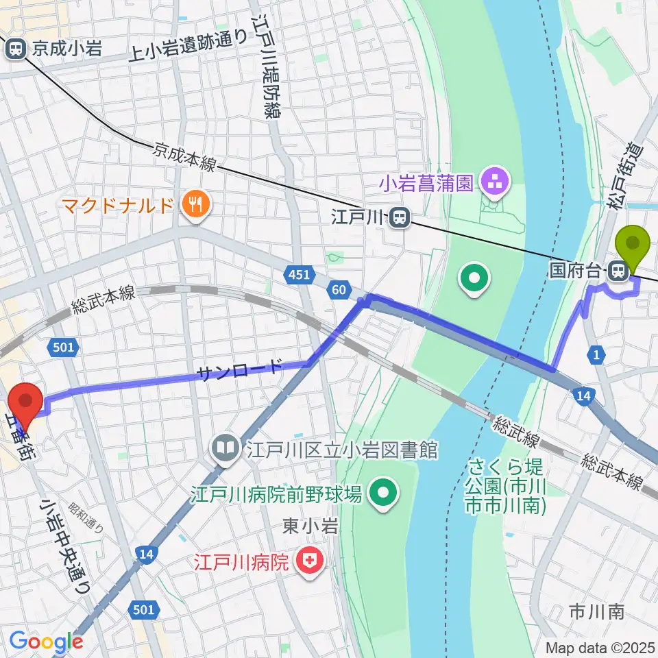国府台駅から小岩STUDIO 2 TIMESへのルートマップ - MDATA