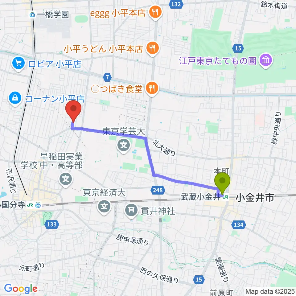武蔵小金井駅から国分寺 音楽教室 I STUDIOへのルートマップ - MDATA