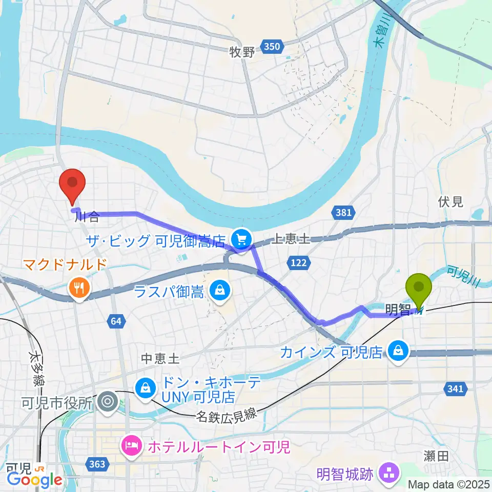 明智駅からSTUDIO BELLへのルートマップ - MDATA
